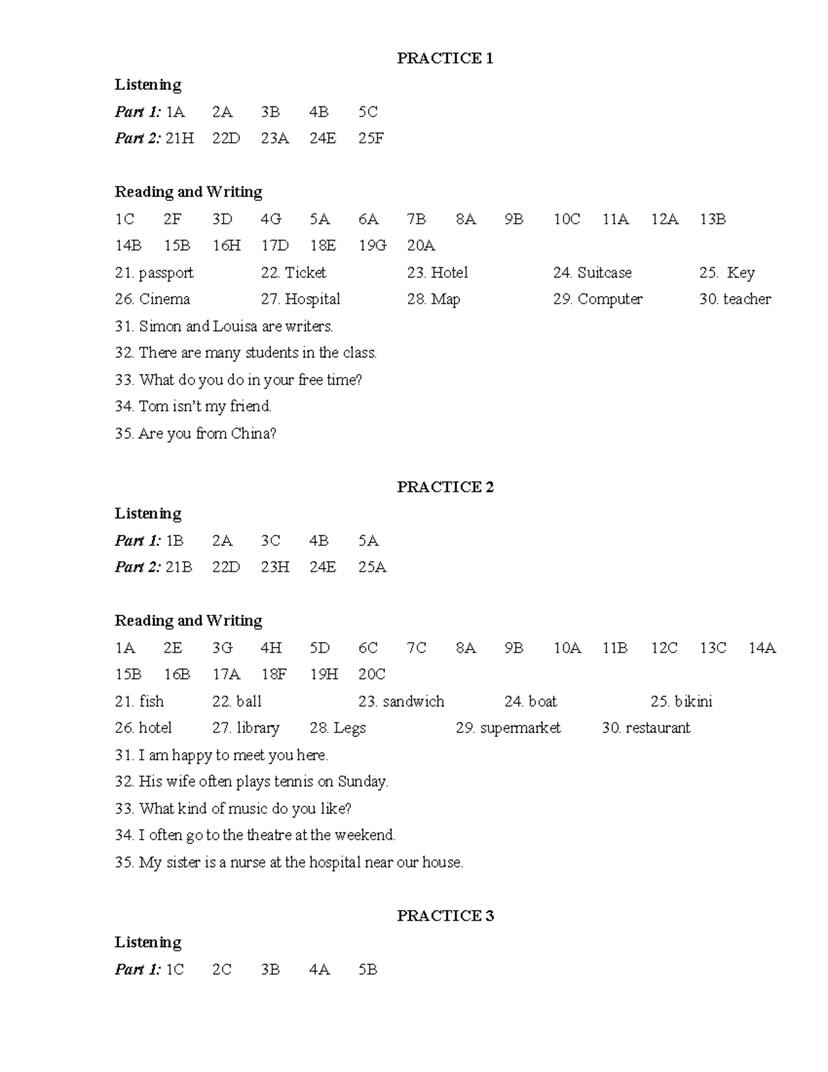 Answer Keys for Sup E1: Listening & Reading Practice Tests - Studocu