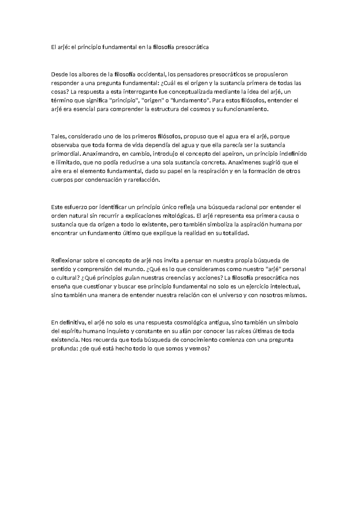 El arjé: Principio Fundamental en la Filosofía Presocrática - Apunte ...