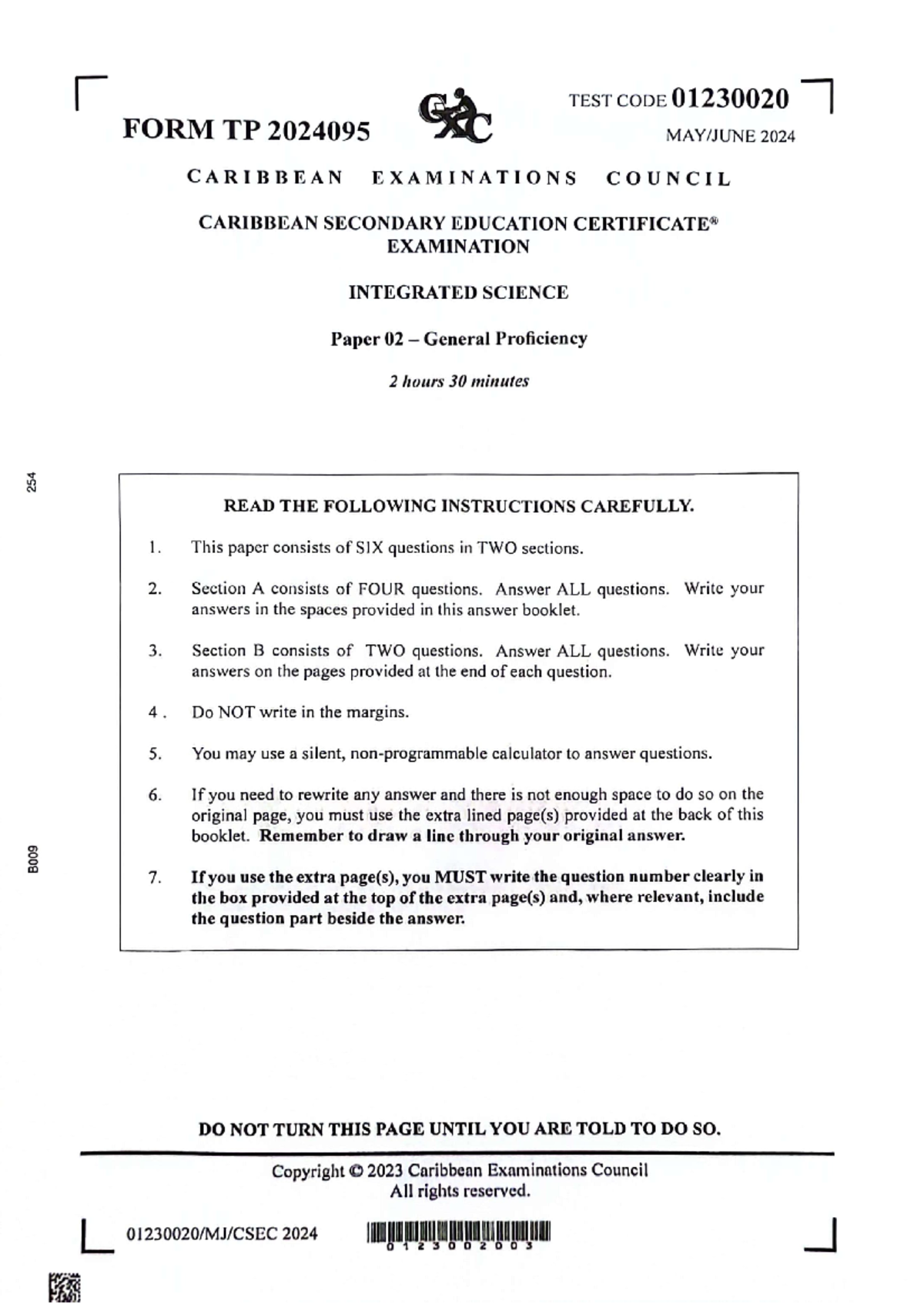 CSEC Integrated Science Paper 2 - General Proficiency June 2024 - Studocu