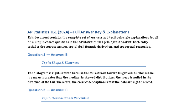 AP Statistics TB1 (2024) Complete Answer Key & Explanations - Studocu