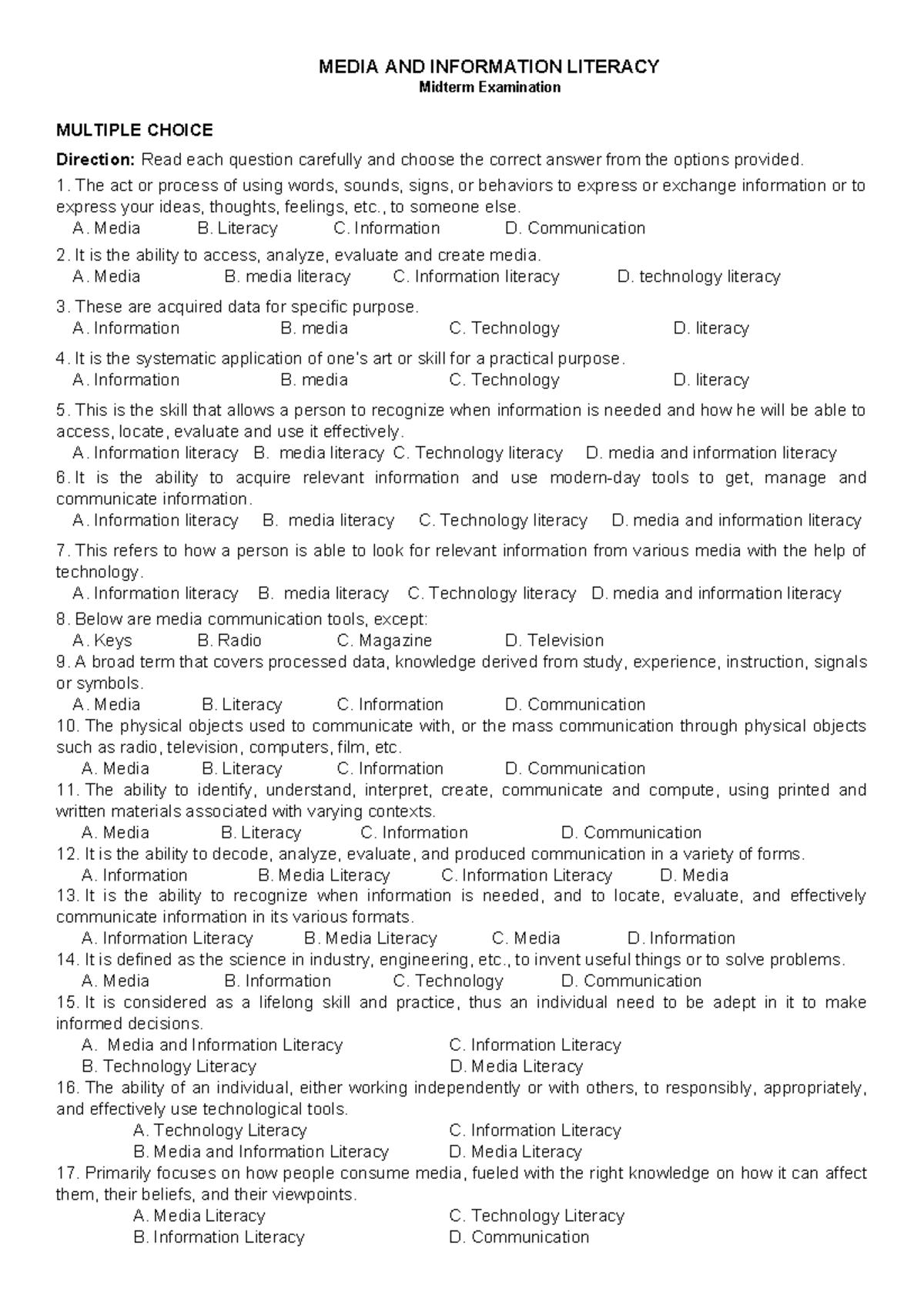 MIL-1ST Quarter EXAM-FOR Printing - MEDIA AND INFORMATION LITERACY ...