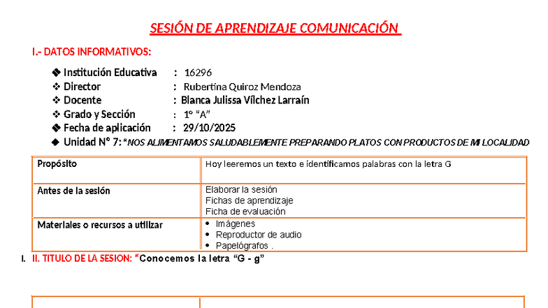 SESION DE APRENDIZAJE: ESCRIBIMOS PALABRAS CON LA LETRA G ...