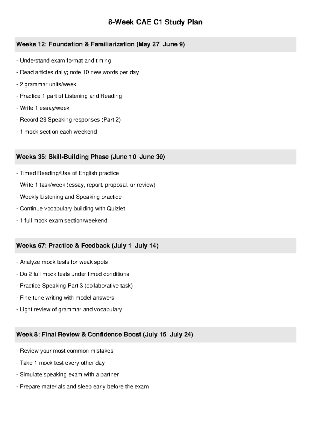 CAE C1 Study Plan: Weeks 12-8 Exam Preparation Guide - Studocu