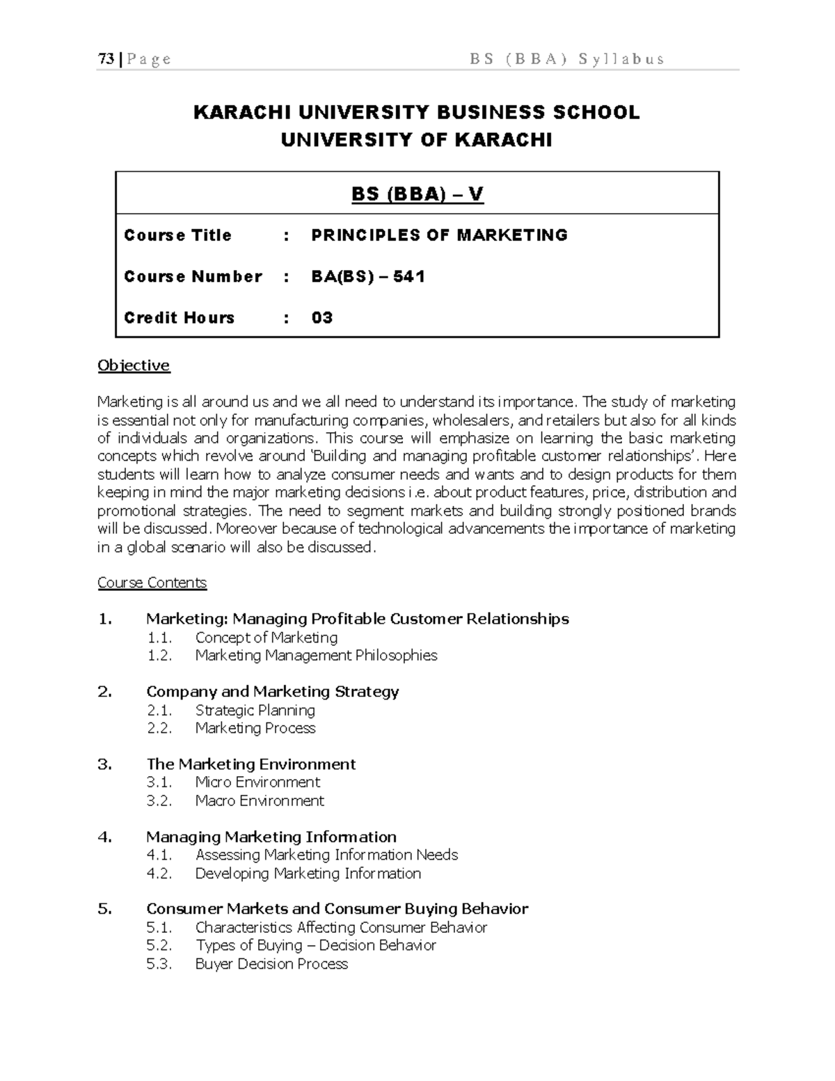 Course Outline: Principles of Marketing BA(BS) 541 - Studocu