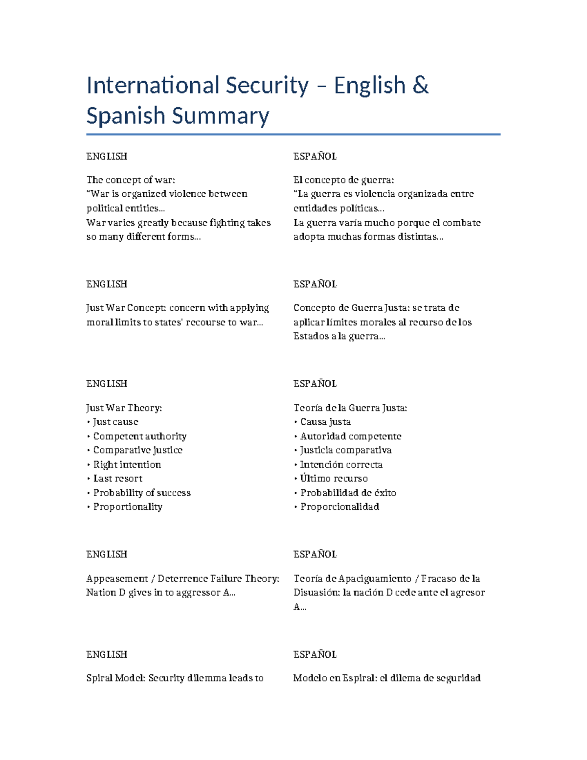 International Security Bilingual Summary: Key Concepts & Theories - Studocu