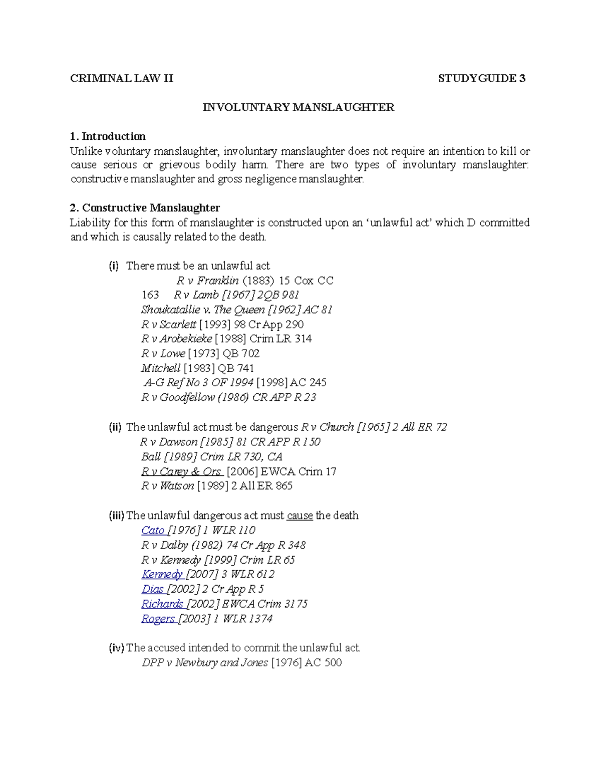 CRIMINAL LAW II: Involuntary Manslaughter Study Guide - Studocu