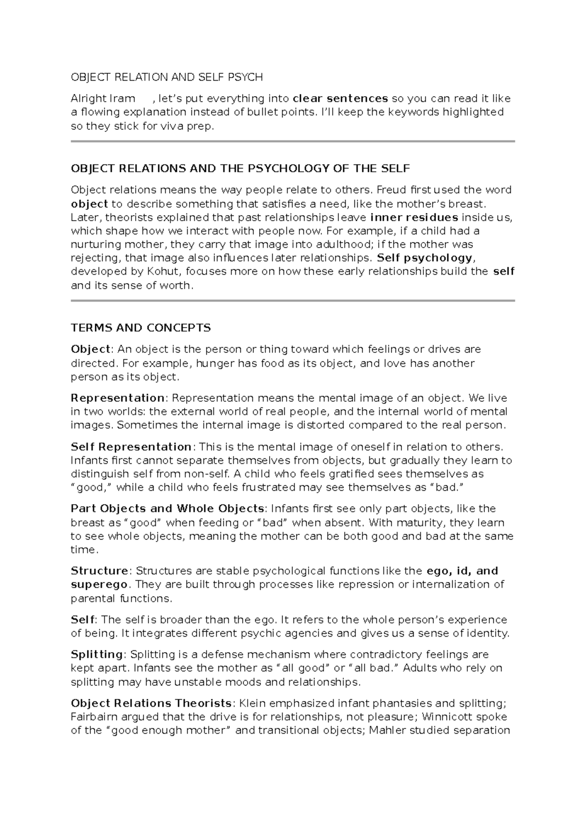 DOPT 3: Object Relations & Self Psychology Overview - Studocu