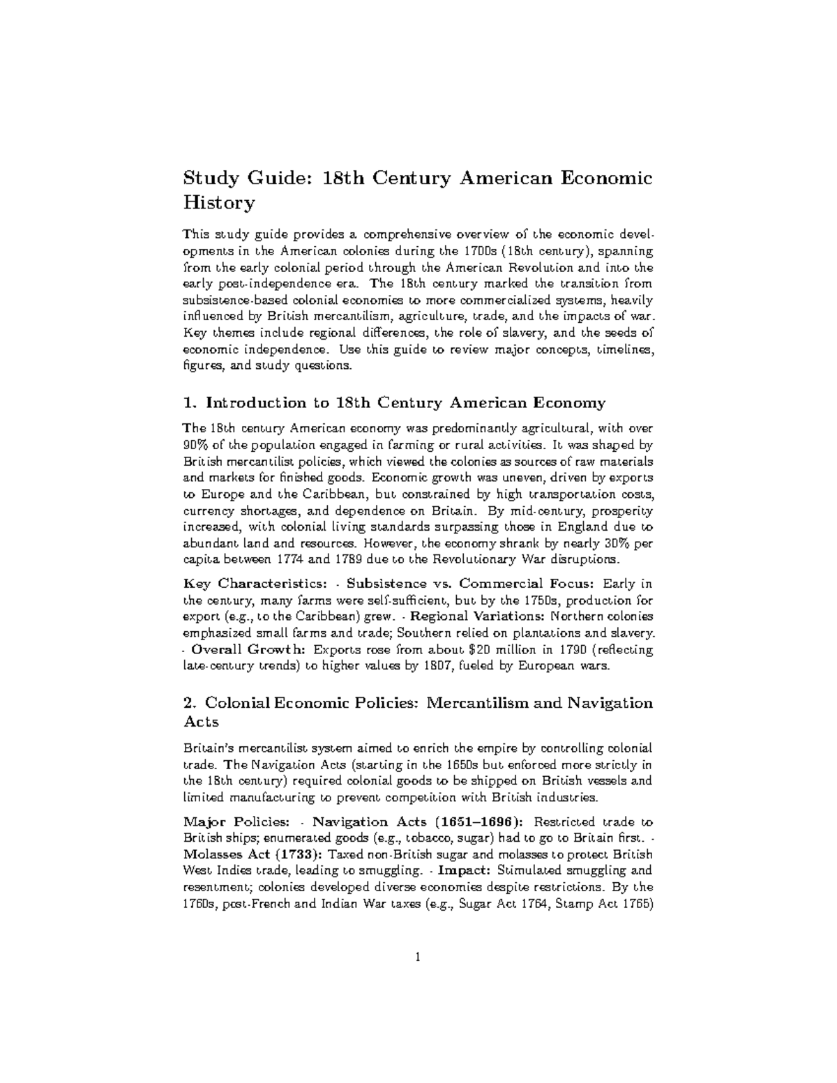 Study Guide: 18th Century American Economic History (Econ 101) - Studocu