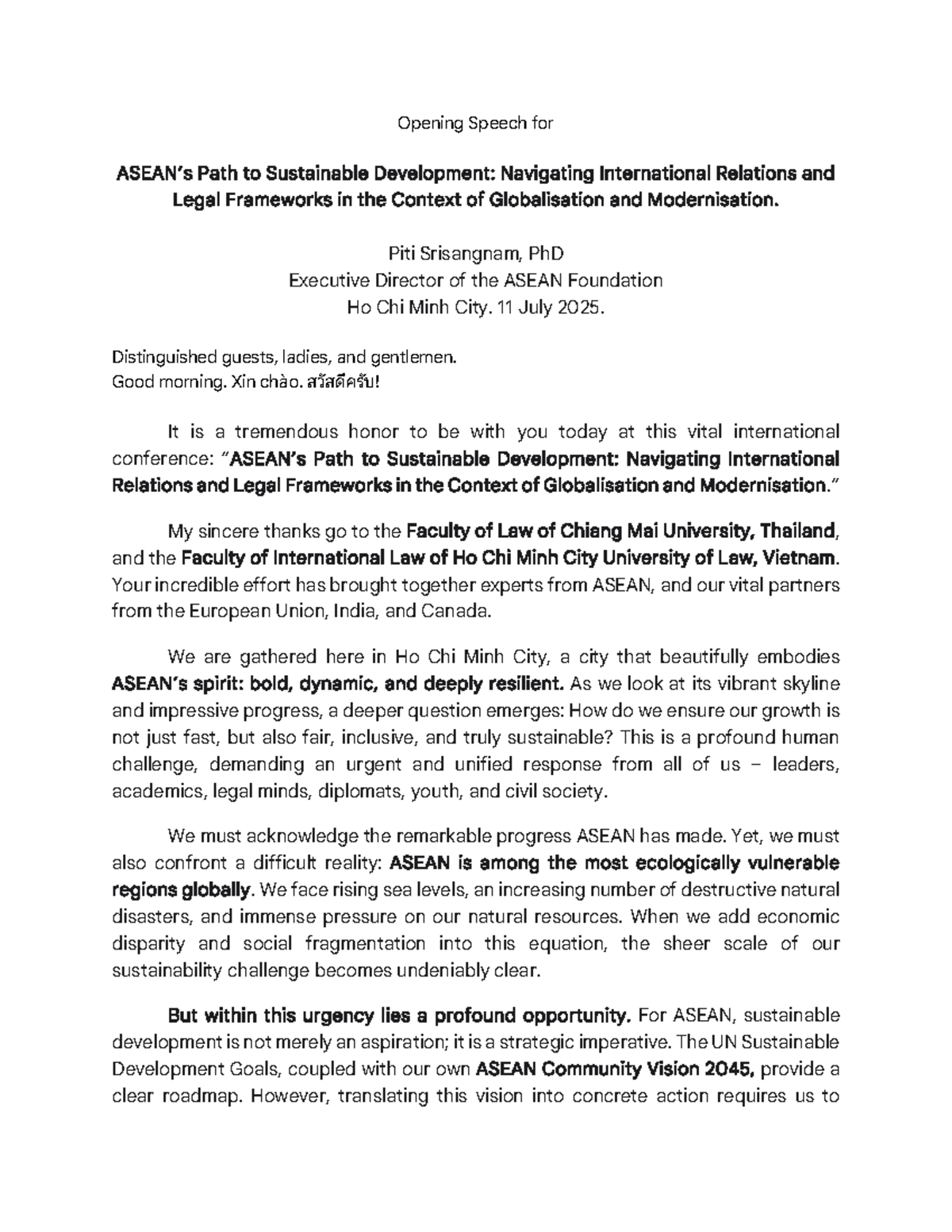 Opening Speech for ASEAN's Path to Sustainable Development: Navigating ...