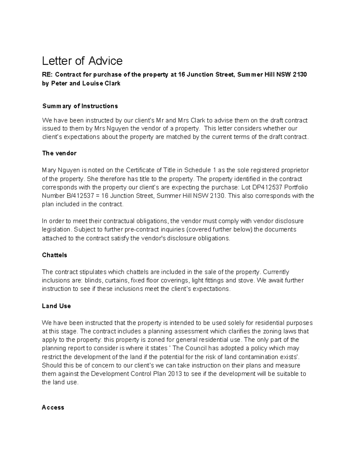 T.1 A.2 Legal Letter of Advice on Property Purchase Contract - Studocu
