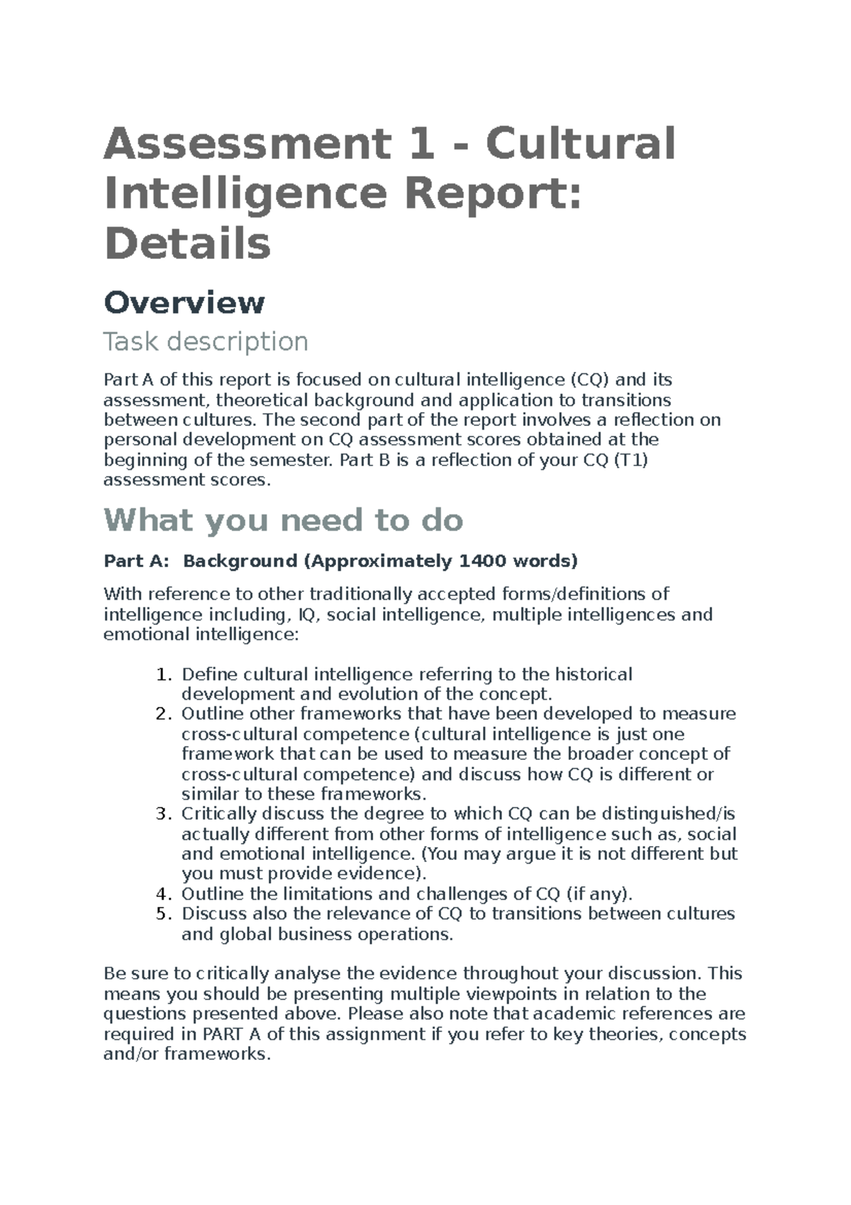 Cultural Intelligence Assessment Report Instructions (Assessment 1 ...