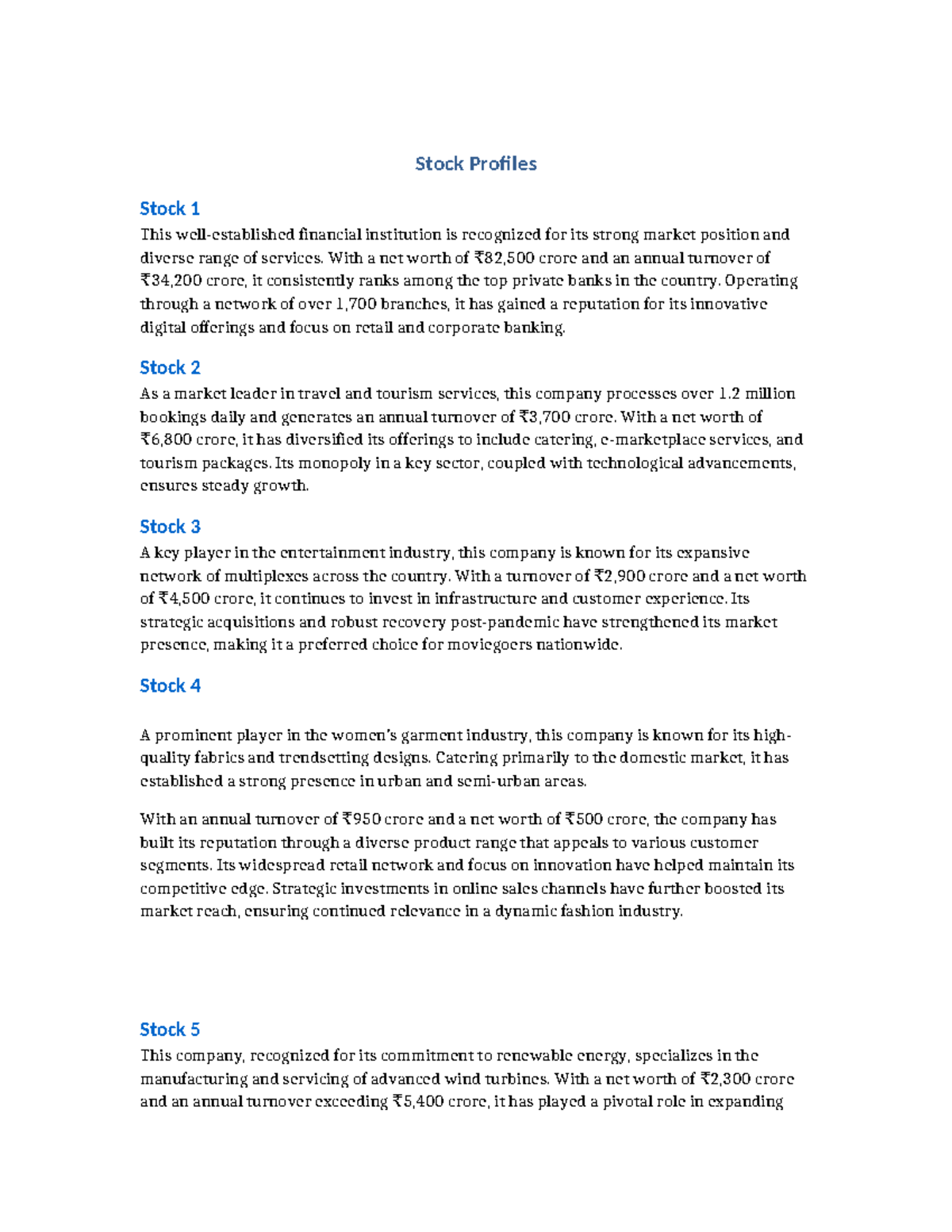 Stock Profiles dry run 3 dalal - Stock Profiles Stock 1 This well ...