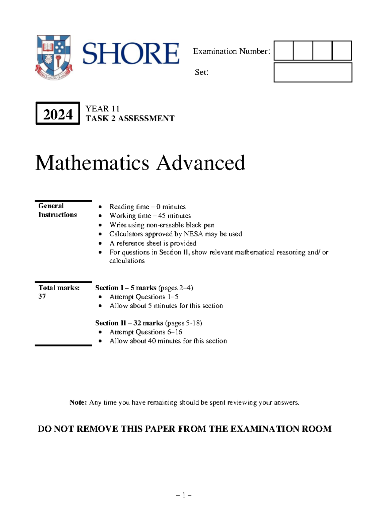 2024 HSC Year 11 Mathematics Advanced Task 2 Examination Paper - Studocu
