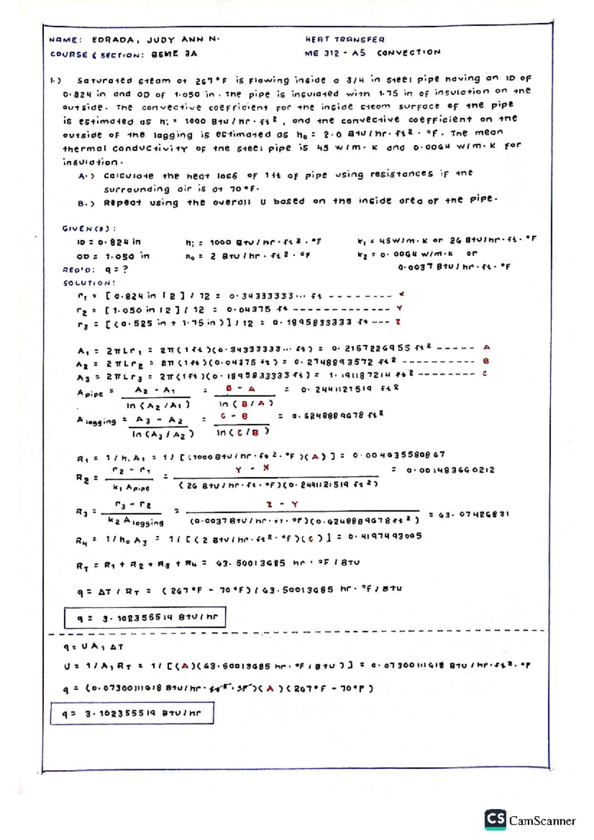 ME 312 A5 - Heat Transfer Analysis by Judy Ann Edrada - Studocu