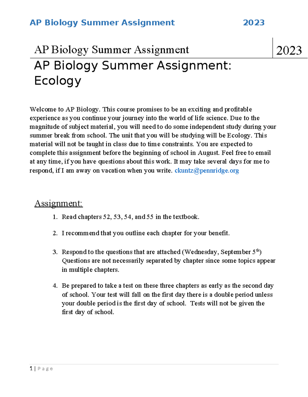 AP Biology (AP Bio) Summer Assignment: Ecology Focus 2023 - Studocu