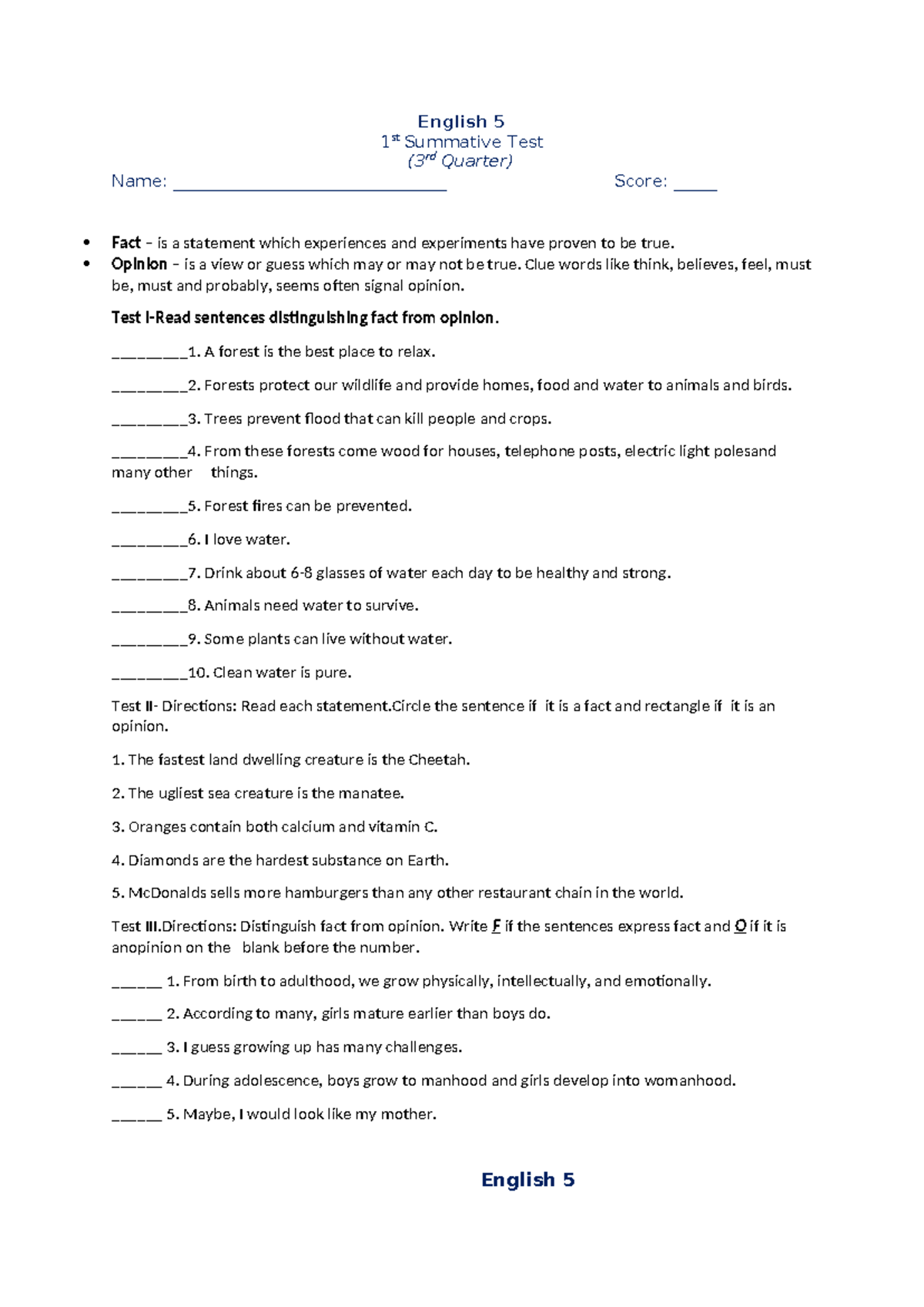 English 5 1st & 2nd Summative Test (3rd Quarter) Guide - Studocu