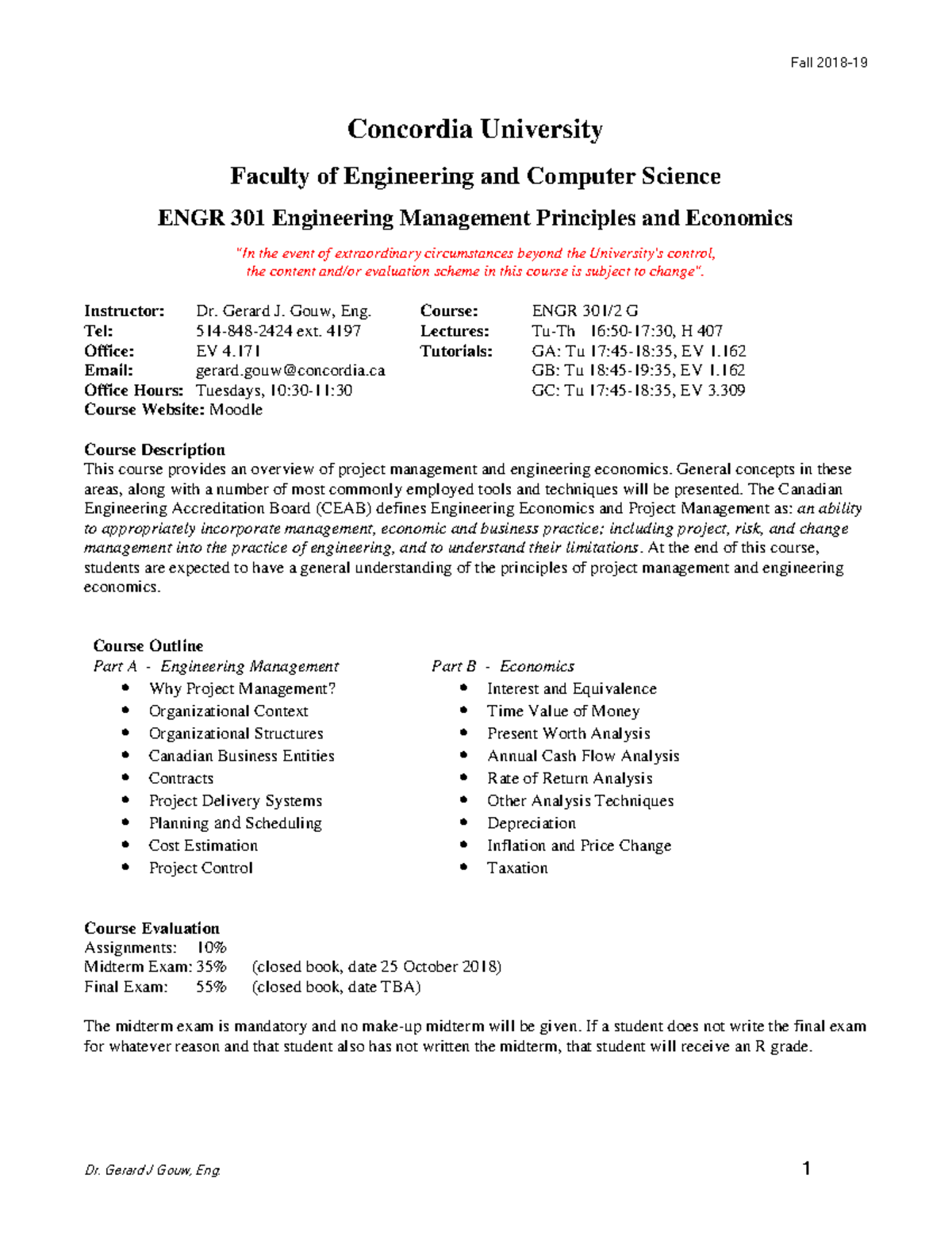 ENGR301 Outline Fall2018-19 - Fall 2018- Concordia University Faculty ...