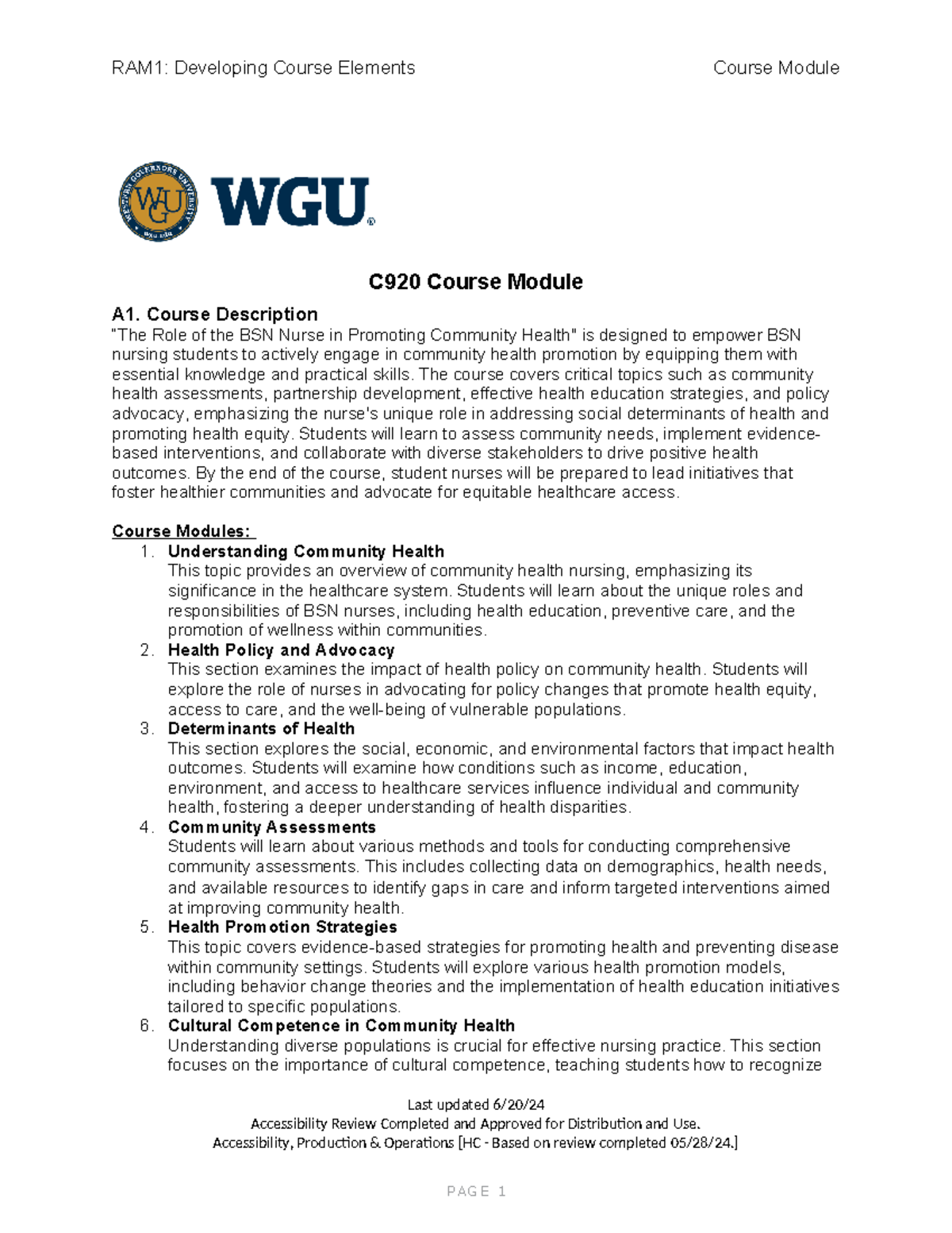 C920 Course Module: Community Health Promotion and Nurse Advocacy - Studocu