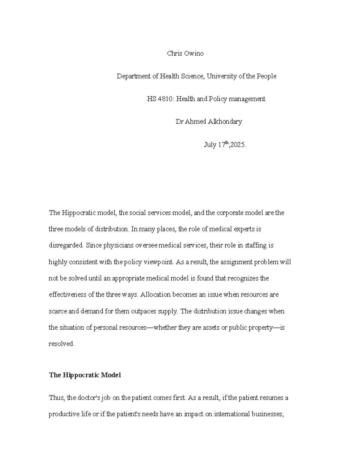 HS 4810: Health Models and Resource Allocation in Healthcare - Studocu