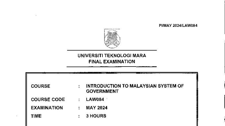 LAW084 Final Exam: Introduction to Malaysian System of Government - Studocu