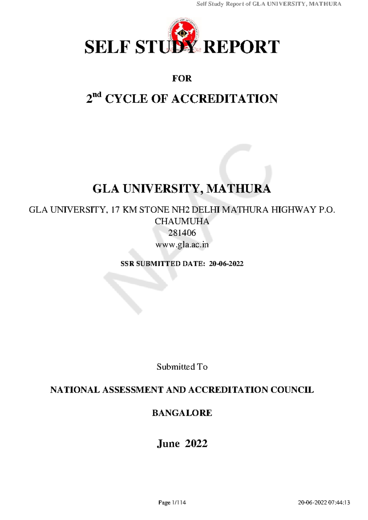 Self Study Report for 2nd Cycle Accreditation of GLA University ...