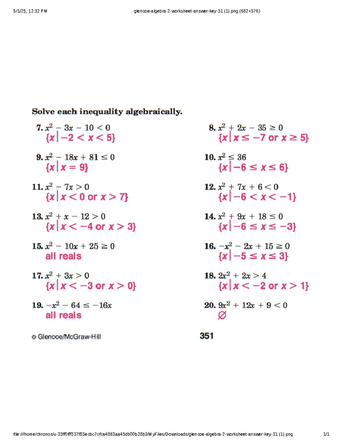 Glencoe Algebra 2: Worksheet Answer Key #31 Solutions - Studocu