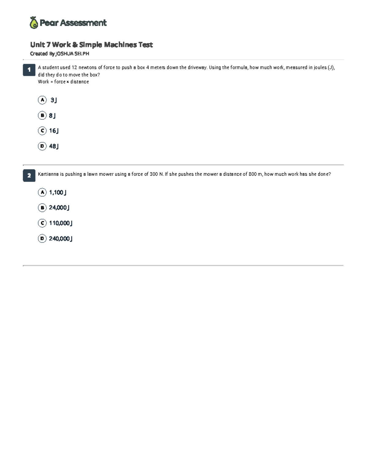 Unit 7 Test on Work and Simple Machines (Science 101) - Created By ...
