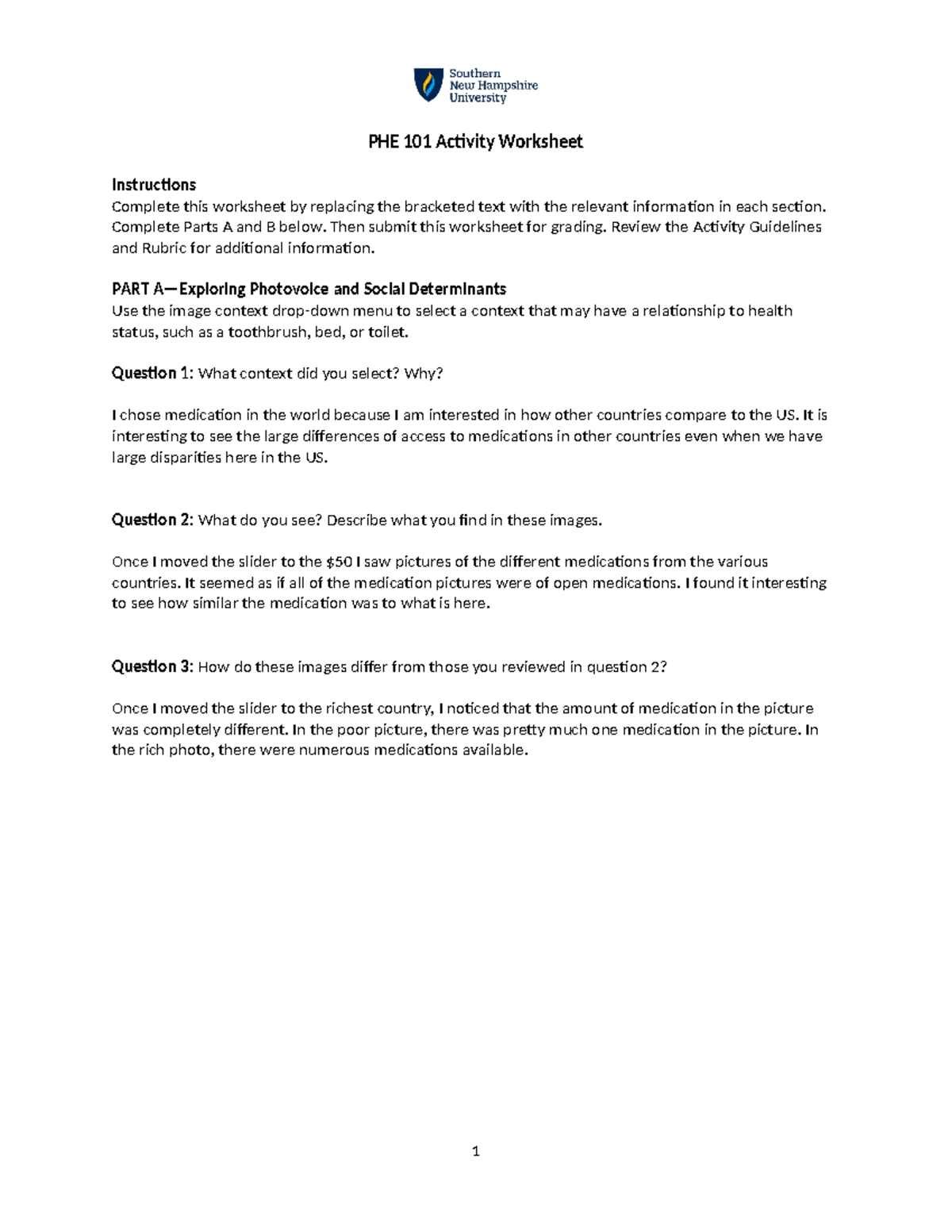 PHE 101 Activity Worksheet - PHE 101 Activity Worksheet Instructions Complete this worksheet by ...
