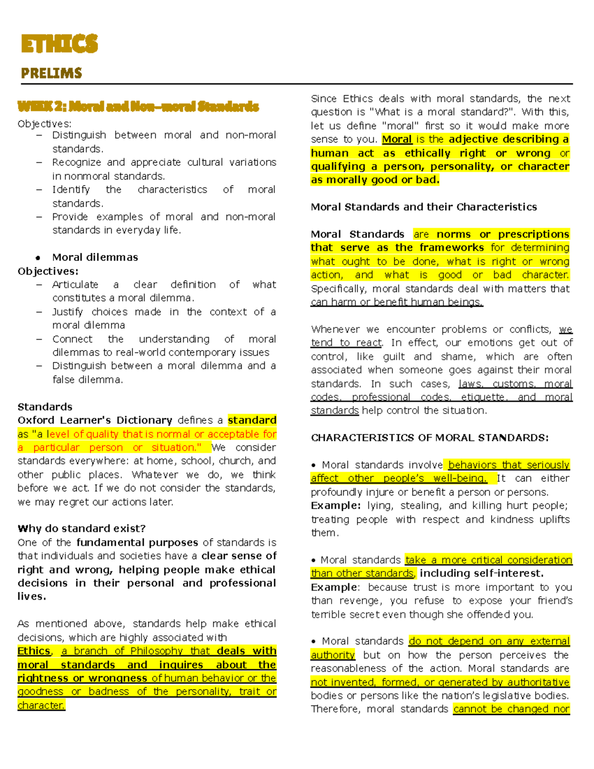 Understanding Moral Standards and Dilemmas - ETH101 Prelim - Studocu