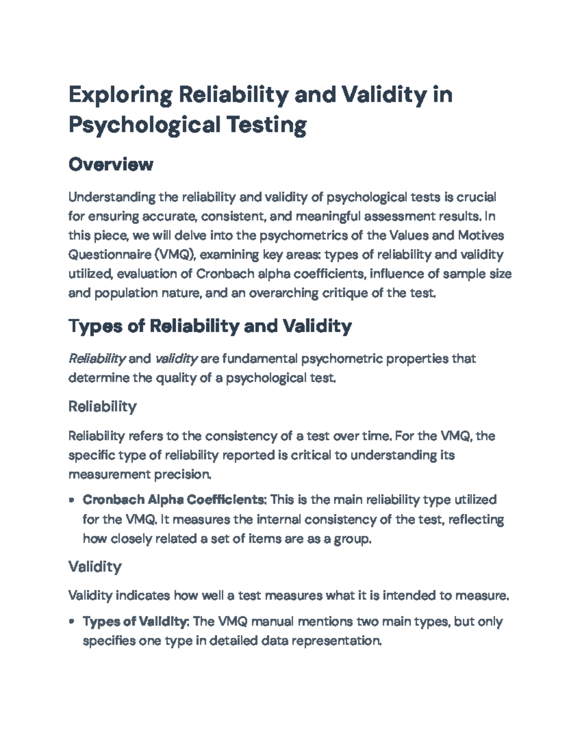 Evaluation of Reliability and Validity in Psychological Testing (VMQ ...