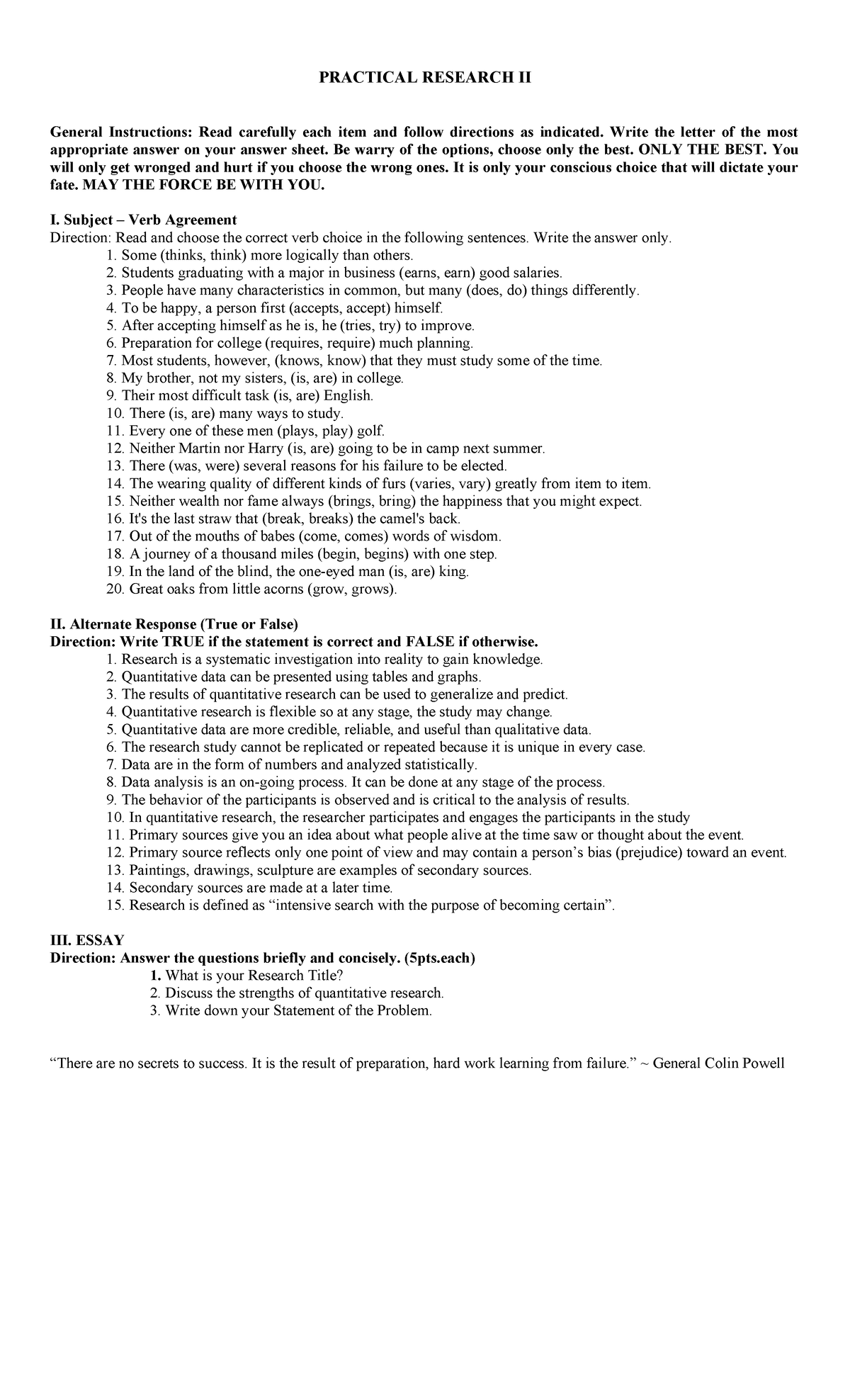 Practical Research II: Subject-Verb Agreement & Quantitative Study ...