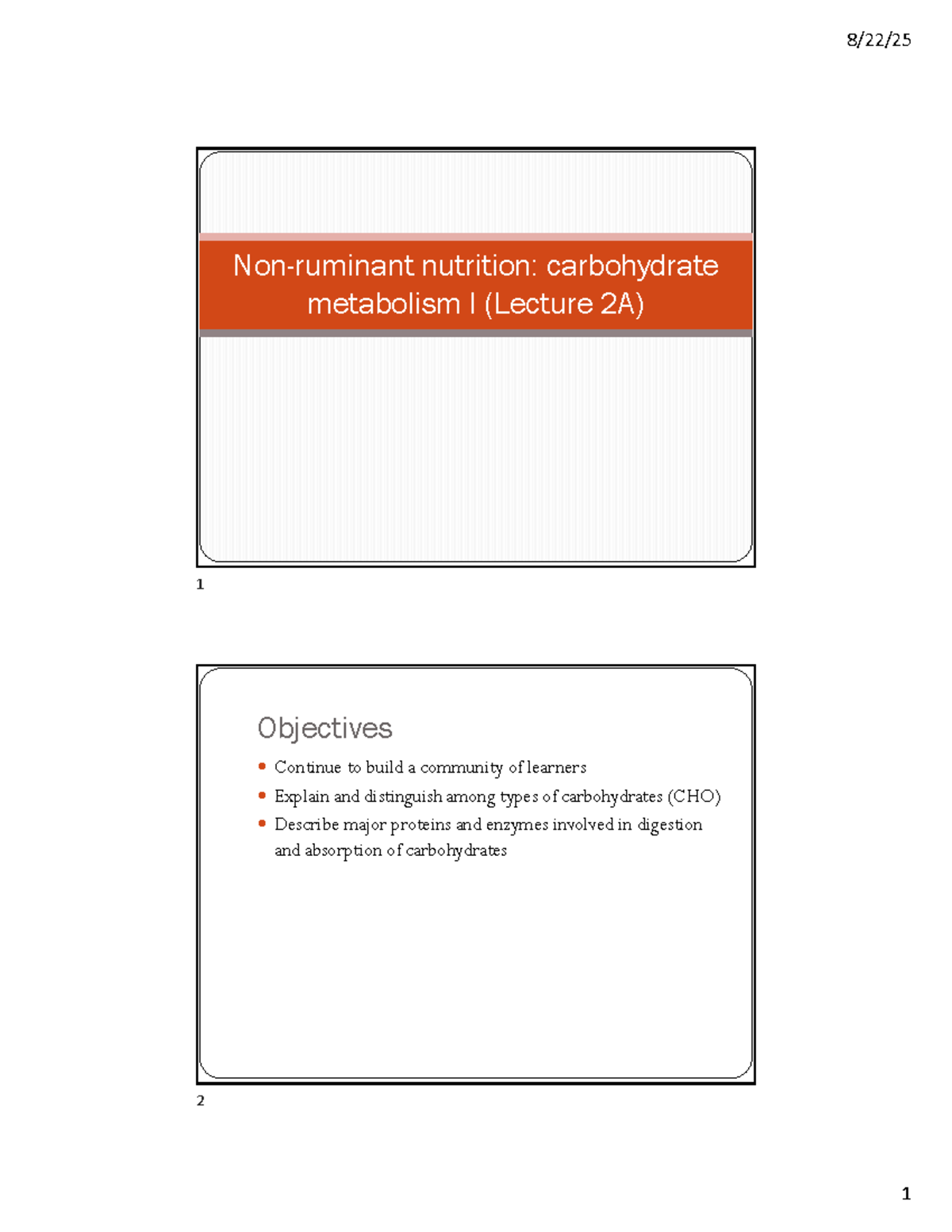 Nutrition: Carbohydrate Metabolism I (Lecture 2A) Overview and Key ...