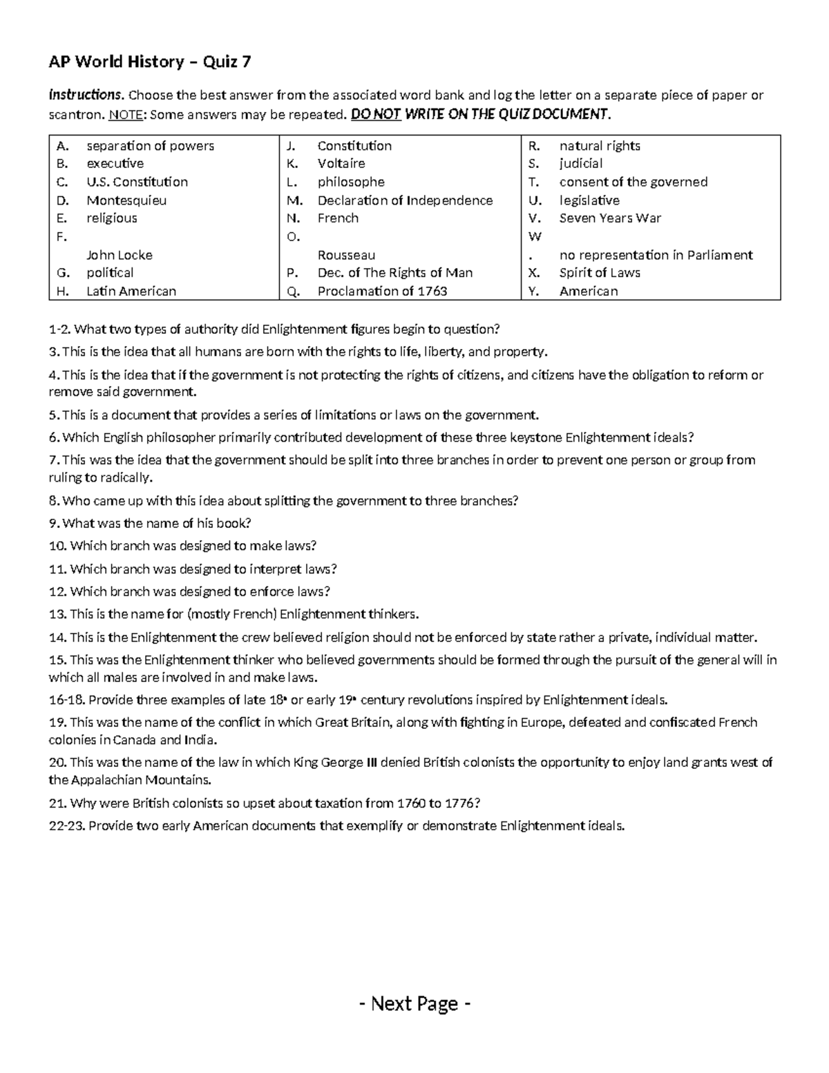 Quiz 7 - quiz - AP World History – Quiz 7 Instructions. Choose the best ...