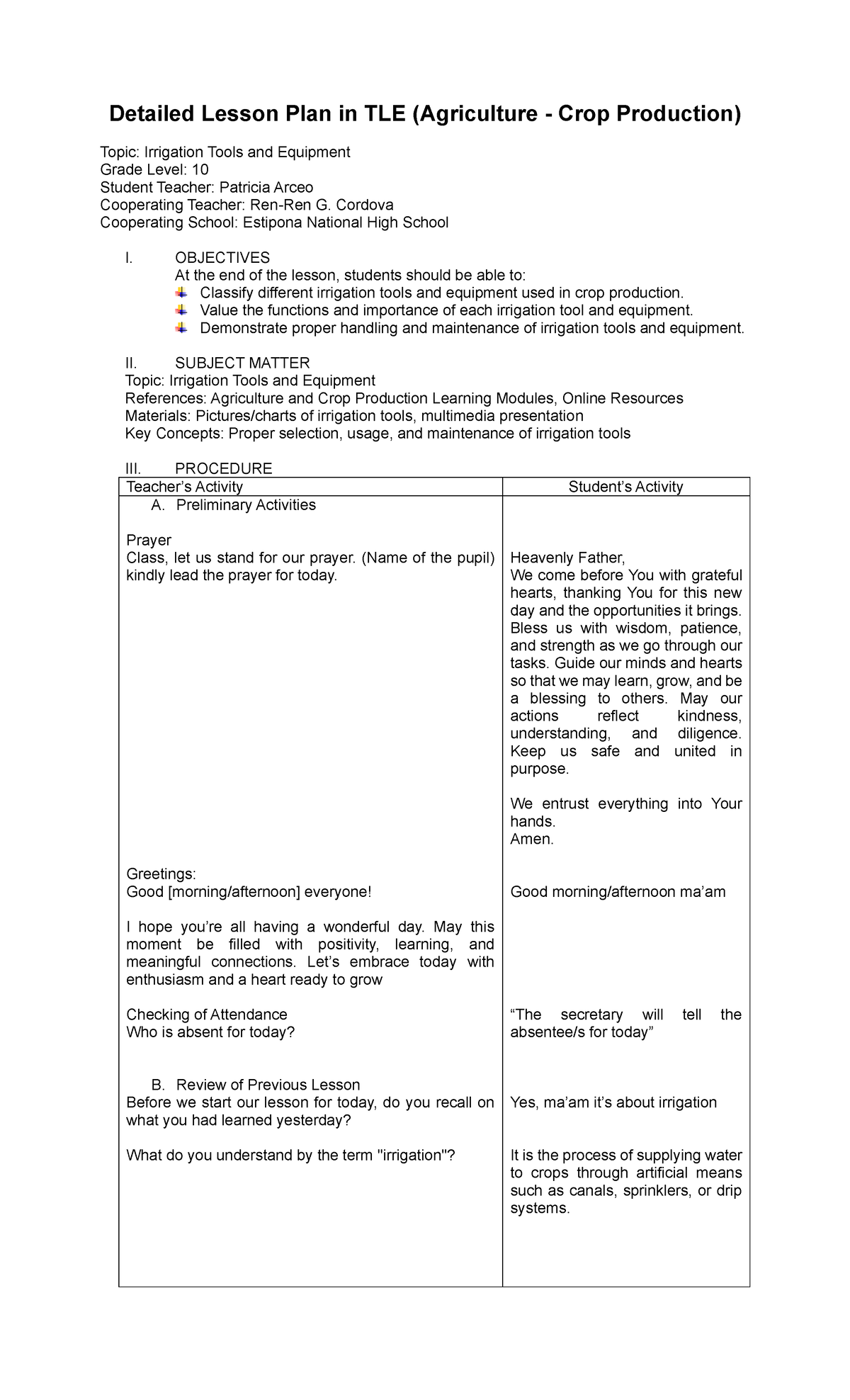 DETAILED LESSON PLAN - Detailed Lesson Plan in TLE (Agriculture - Crop ...