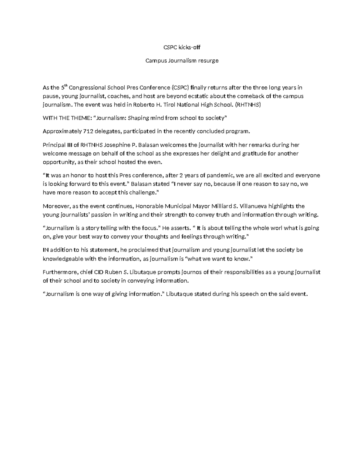 CSPC 2023 - Kickoff Review: Empowering Young Journalists - Studocu