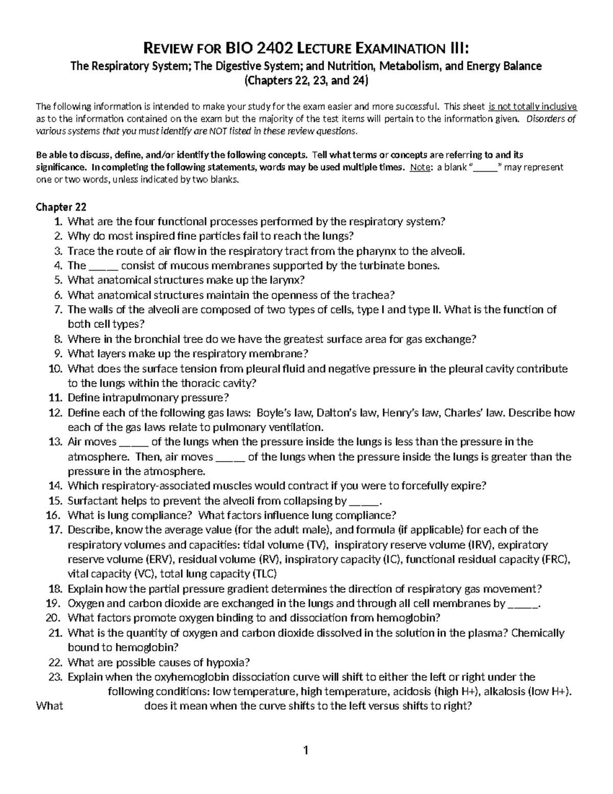 BIO 2402 Lecture Exam III Review: Respiratory & Digestive Systems - Studocu