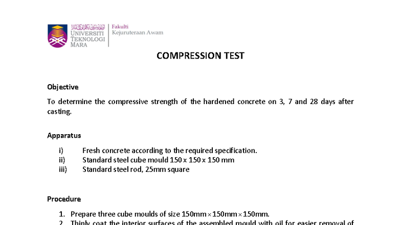 Compressive strength of concrete (lab manual) - COMPRESSION TEST ...