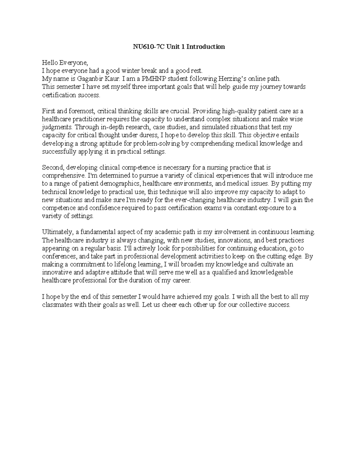 NU610-7C Unit 1: Setting Goals for Certification Success - Studocu