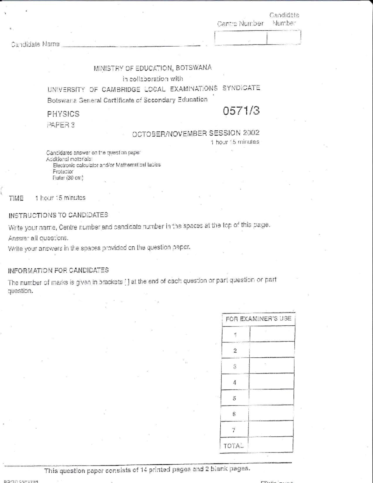 BGCSE Physics Paper 3 2002: Candidate Instructions and Questions - Studocu