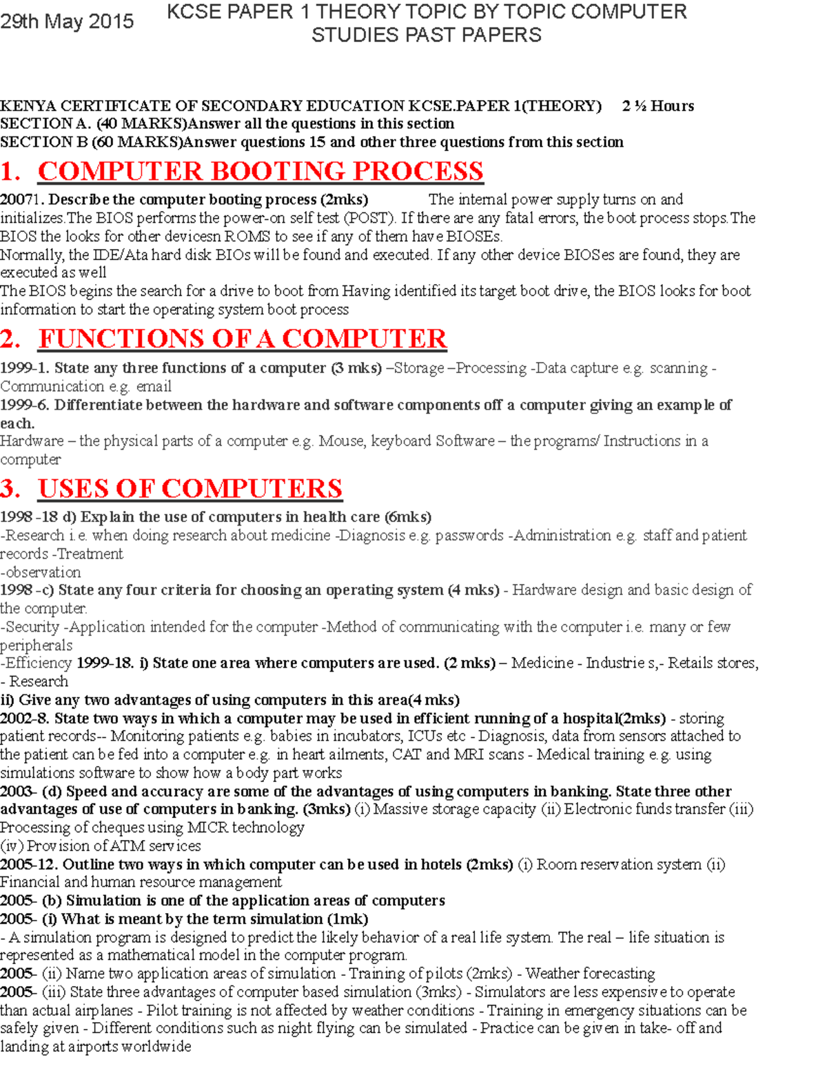 KCSE Computer Studies Paper 1 Theory Past Papers Analysis and Review ...