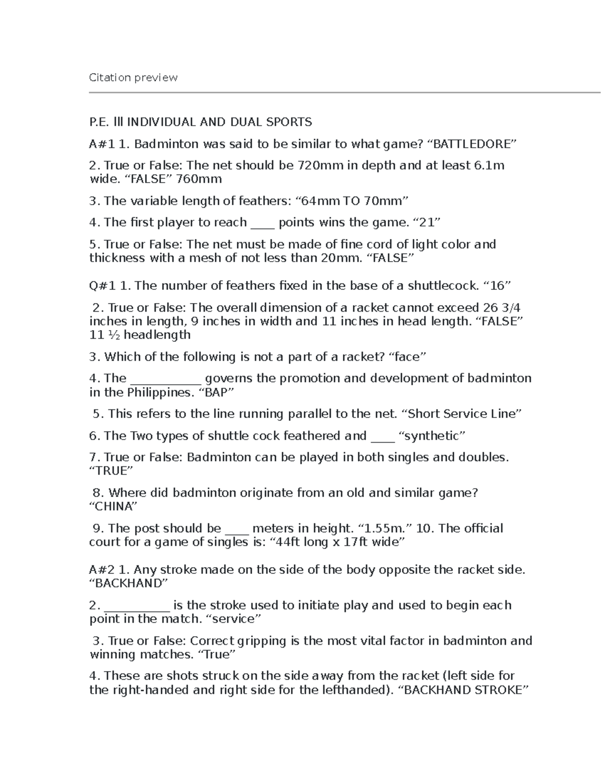 P.E. III - Individual and Dual Sports Exam Study Guide - Studocu