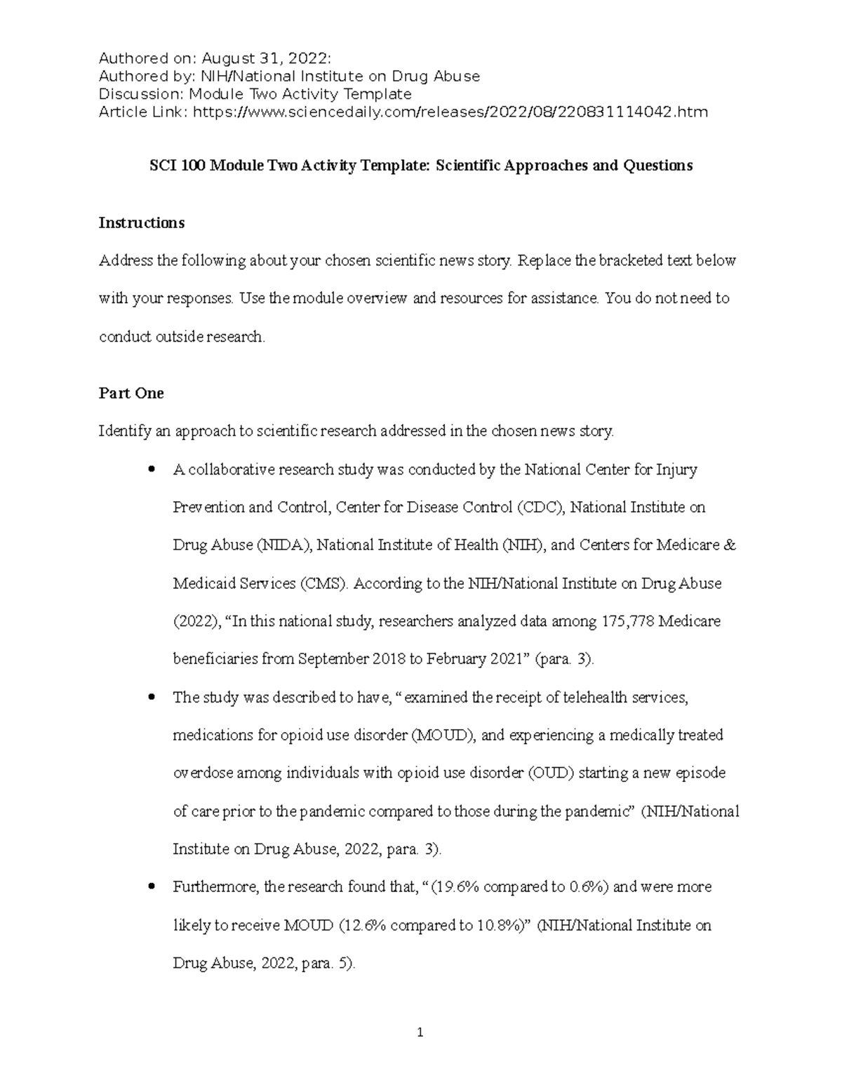 SCI 100 Module Two Activity Template - Authored on: August 31, 2022 ...