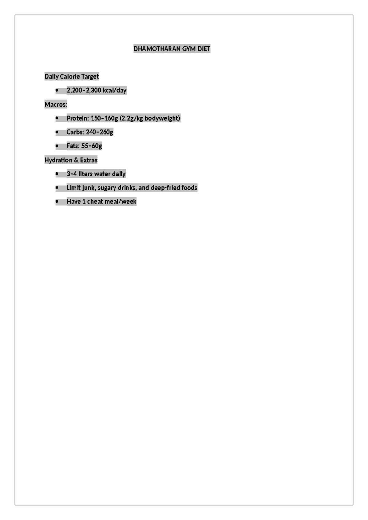 Dhamotharan GYM DIET Plan: Daily Calorie & Workout Schedule - Studocu