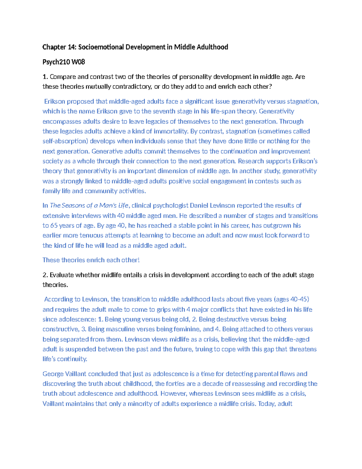 Chapter 14 Assignment Psych 210 - Chapter 14: Socioemotional Development in Middle Adulthood ...