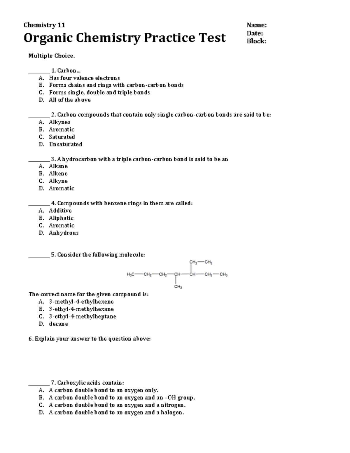 Chemistry 11 Organic chemistry practice test questions and answers ...