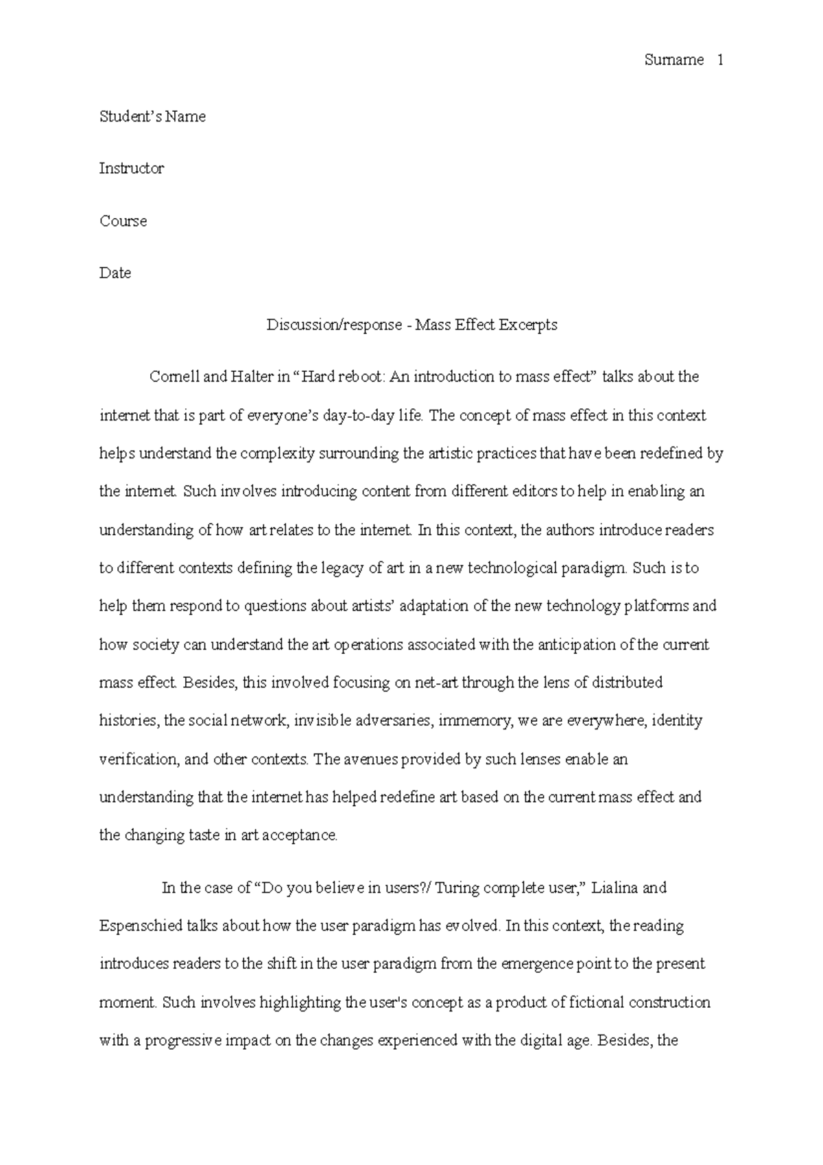 Discussion Response - Mass Effect in Cornell & Halter's "Hard Reboot ...