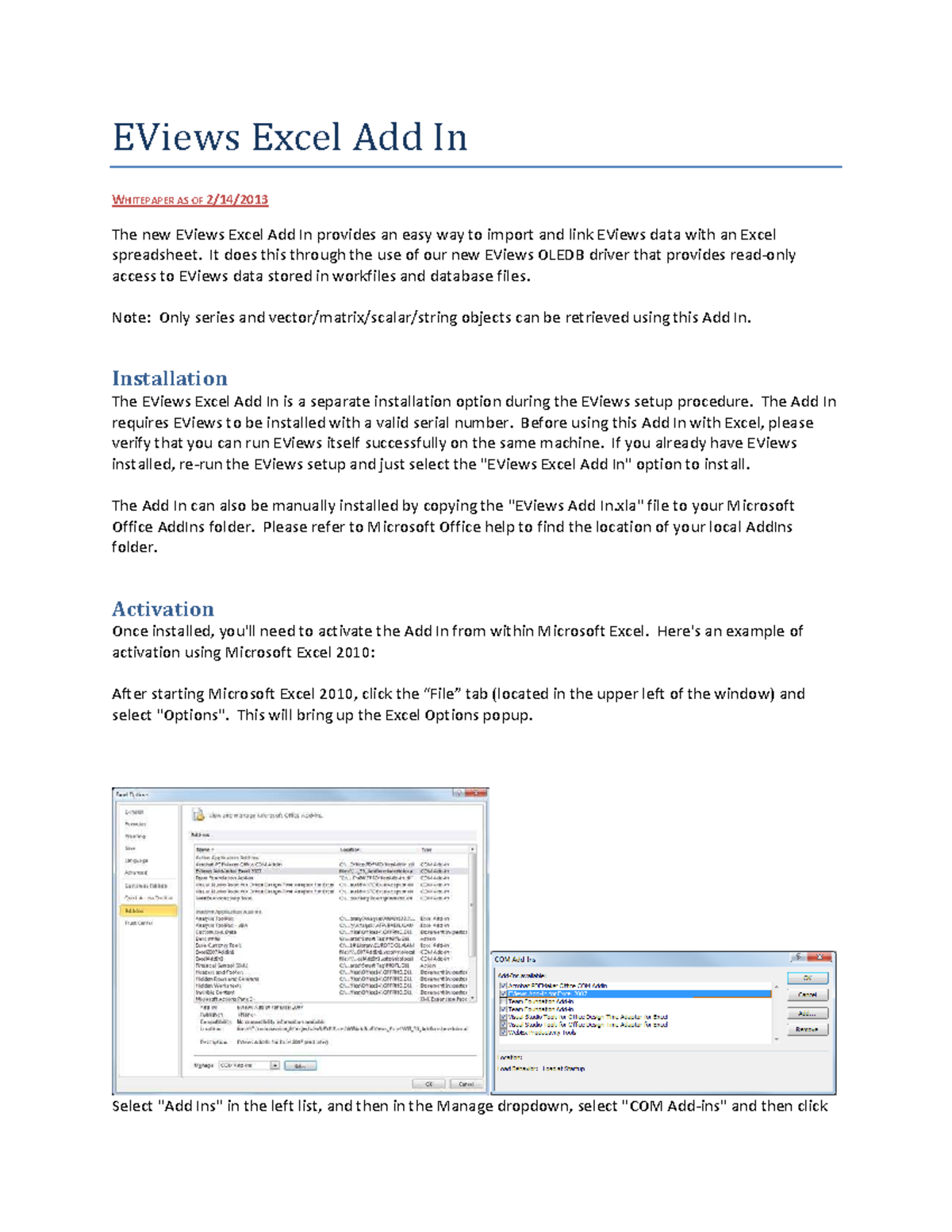 Using EViews Excel Add In: Installation & Activation Guide (2013) - Studocu