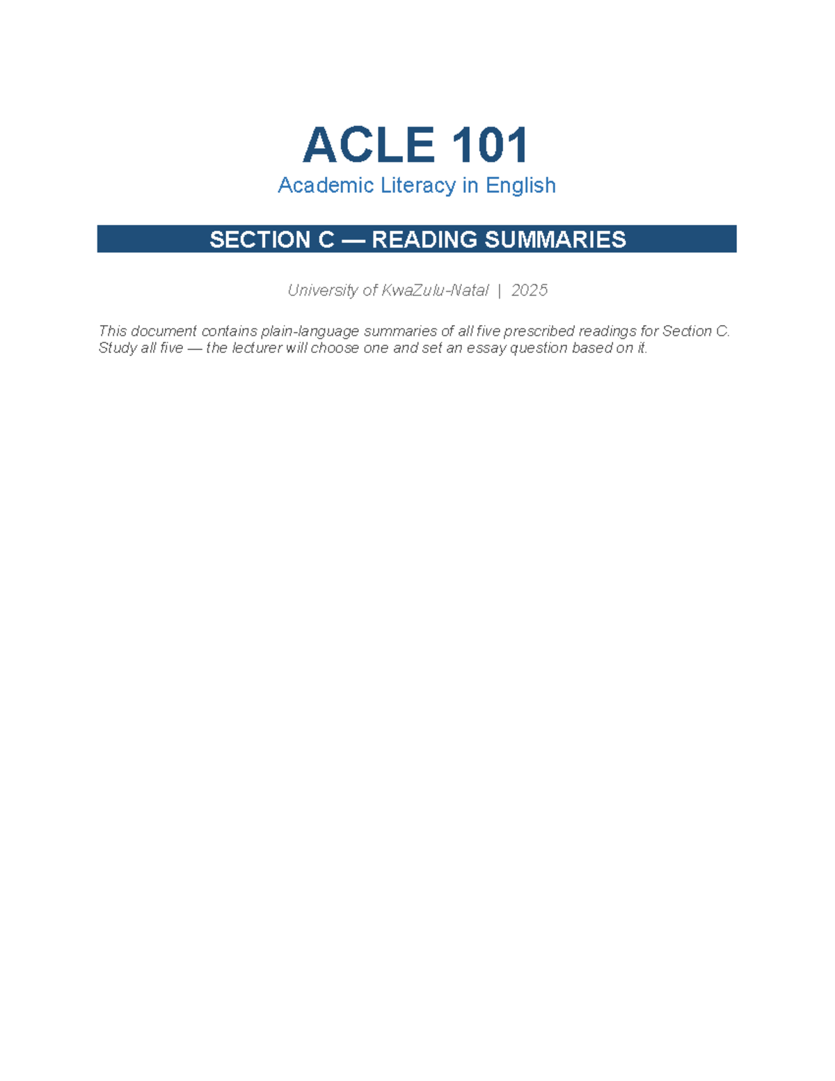 ACLE 101 Section C Reading Summaries: Key Insights and Analysis - Studocu