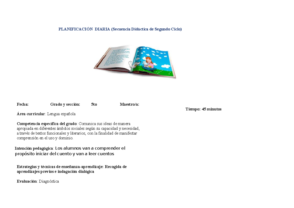 PLANIFICACIÓN DIARIA: Secuencia Didáctica de Cuentos para 5to Grado ...
