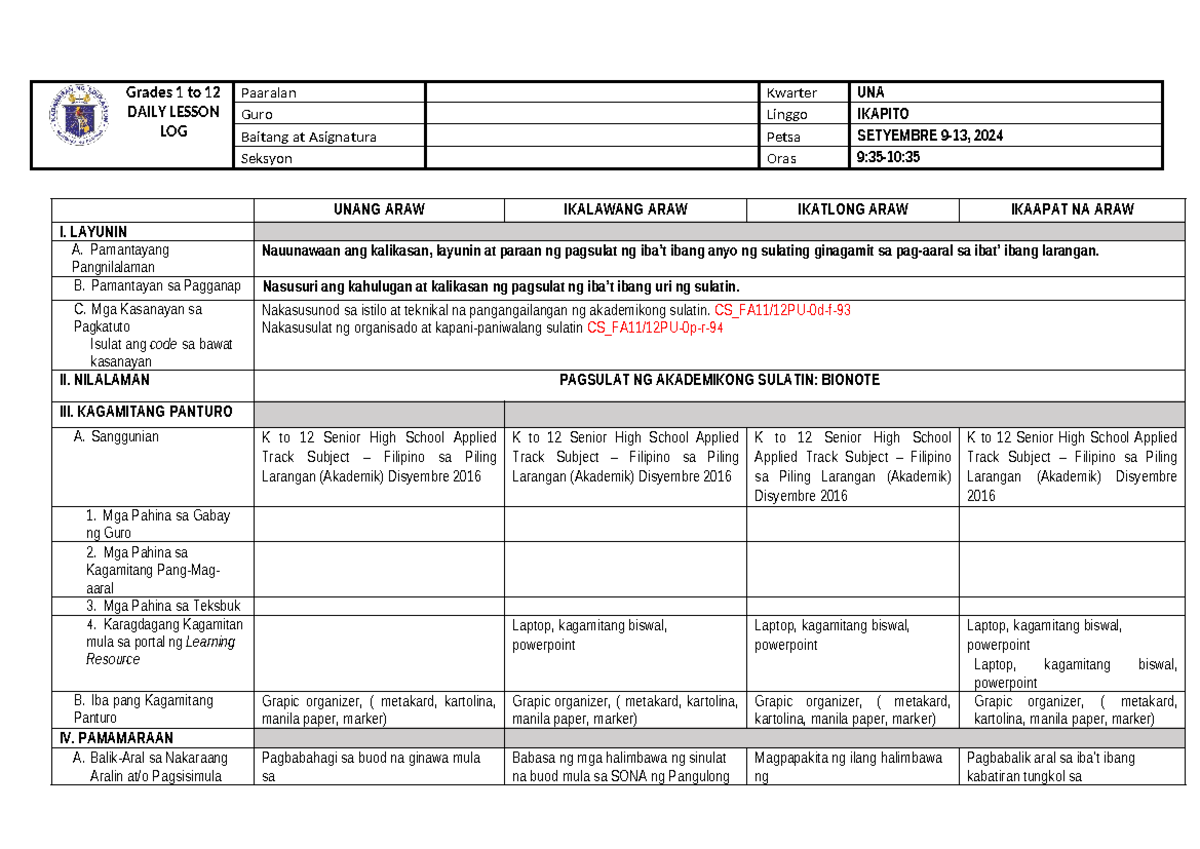 Filipino Pagsulat - Grades 1 to 12 DAILY LESSON LOG Paaralan Kwarter ...